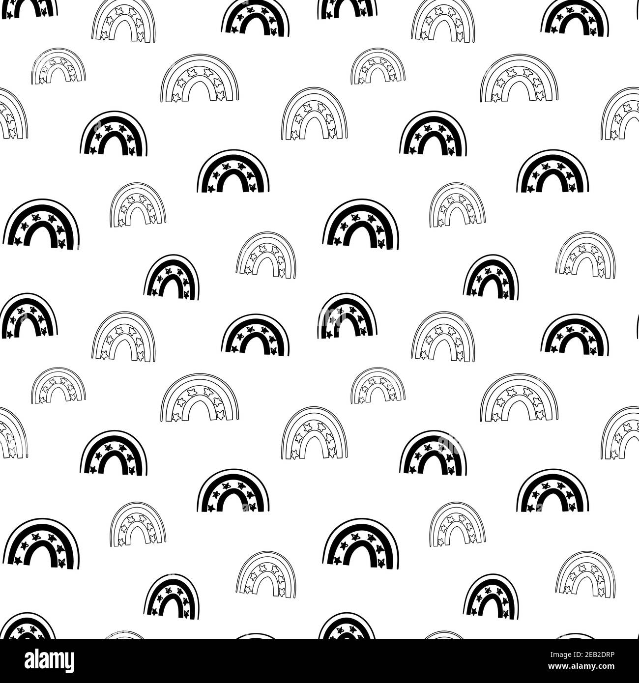 Rainbow seamless pattern, black and white hand-drawn arc doodle digital ...