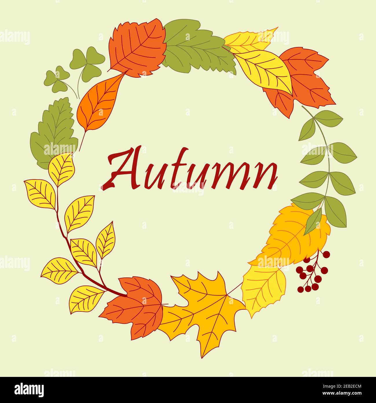 Frame border of colorful autumn leaves and tree branch, clovers and ...