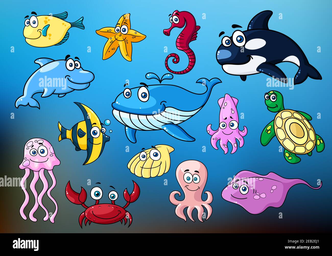 Cartoon funny fishes, dolphin, blue and killer whales, jellyfish ...