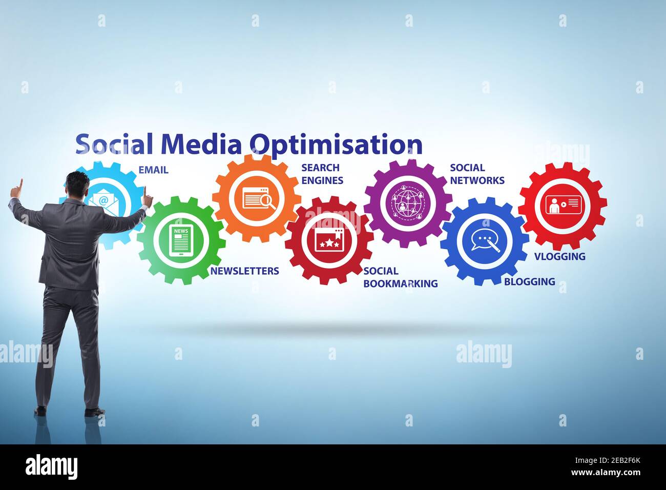 Social media optimisation concept with the businessman Stock Photo - Alamy