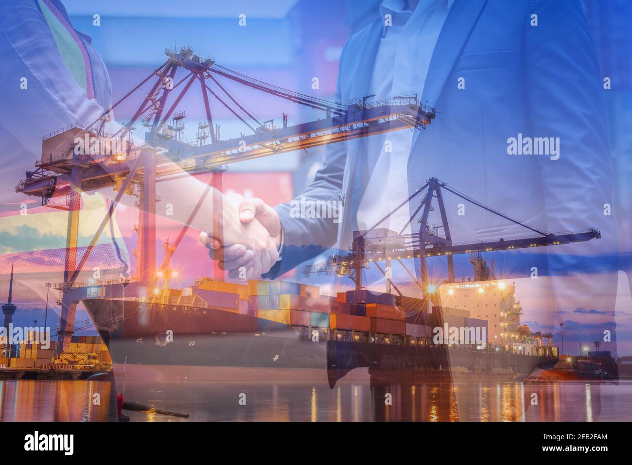 Double Exposure of Businessman and Container Shipping Worker Greeting ...