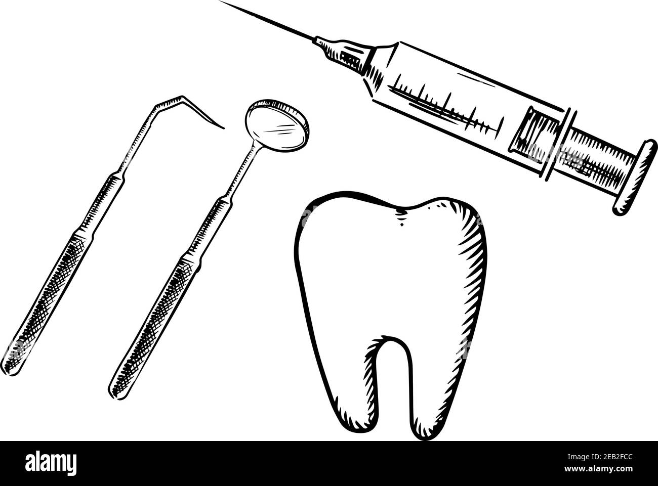 Sketch icons of tooth, syringe, dental mirror and probe isolated on ...
