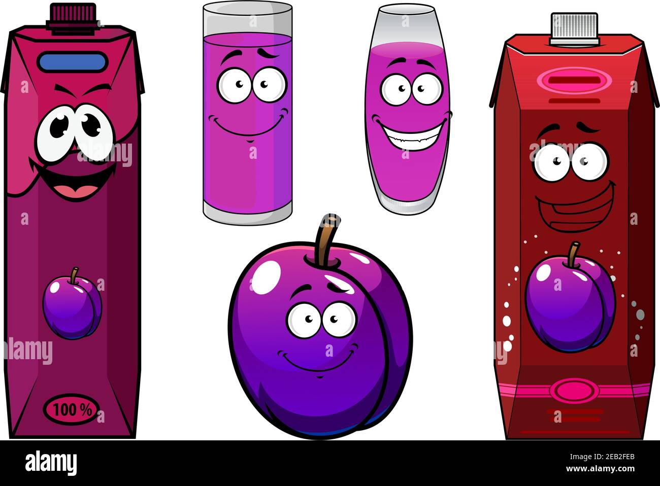 Sweet plum juice cartoon characters including fresh glossy violet plum ...