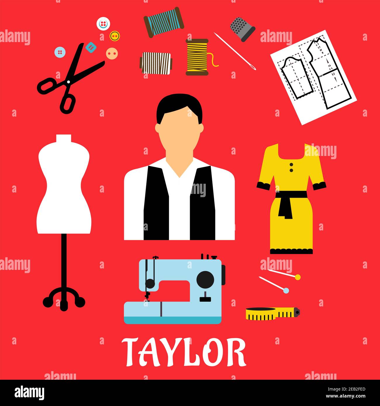 Tailor profession flat concept design with elegant man surrounded by ...