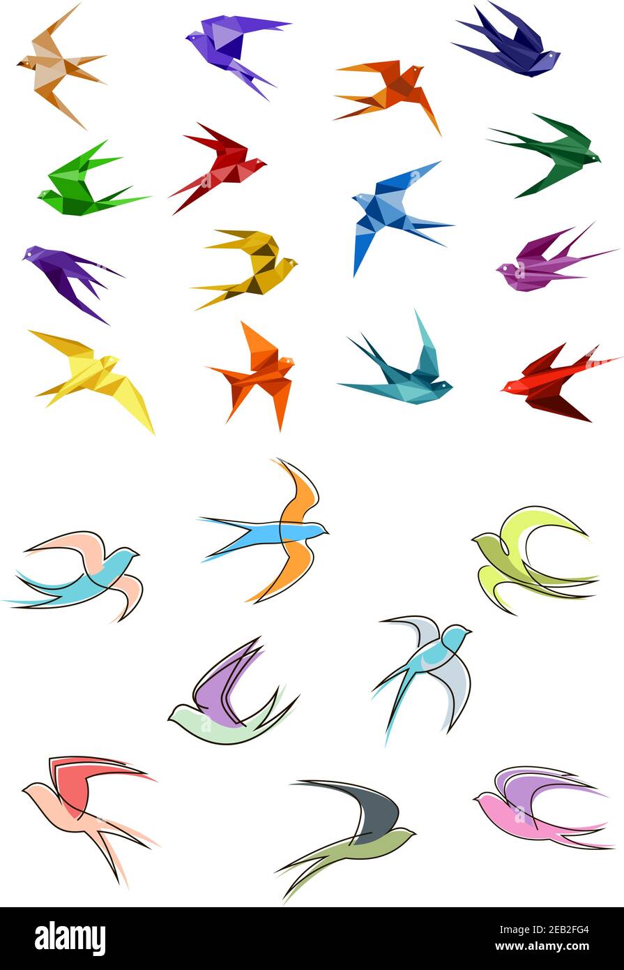 Colorful flying swallows birds in paper origami and outline sketch ...