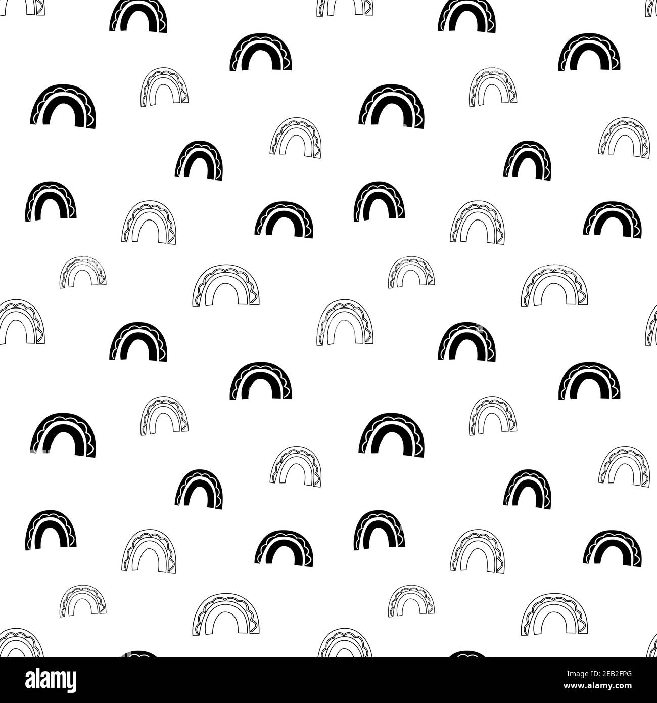 Rainbow seamless pattern, black and white hand-drawn arc doodle digital ...