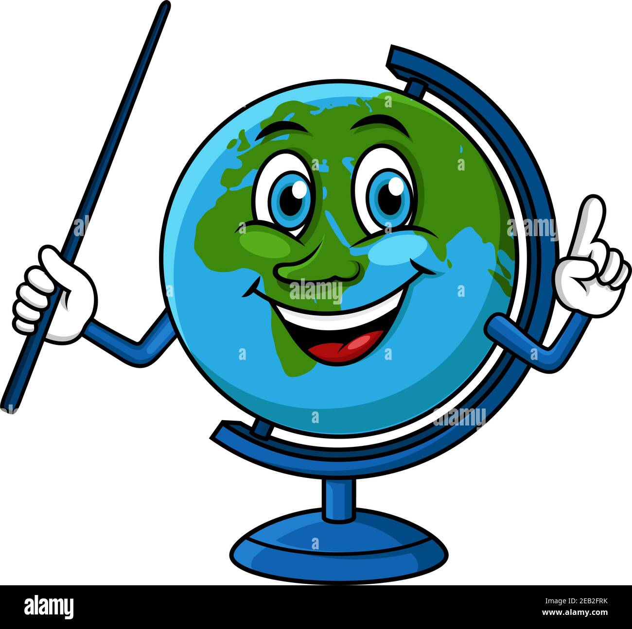 Smiling globe cartoon character with blue pointer in hand, for ...