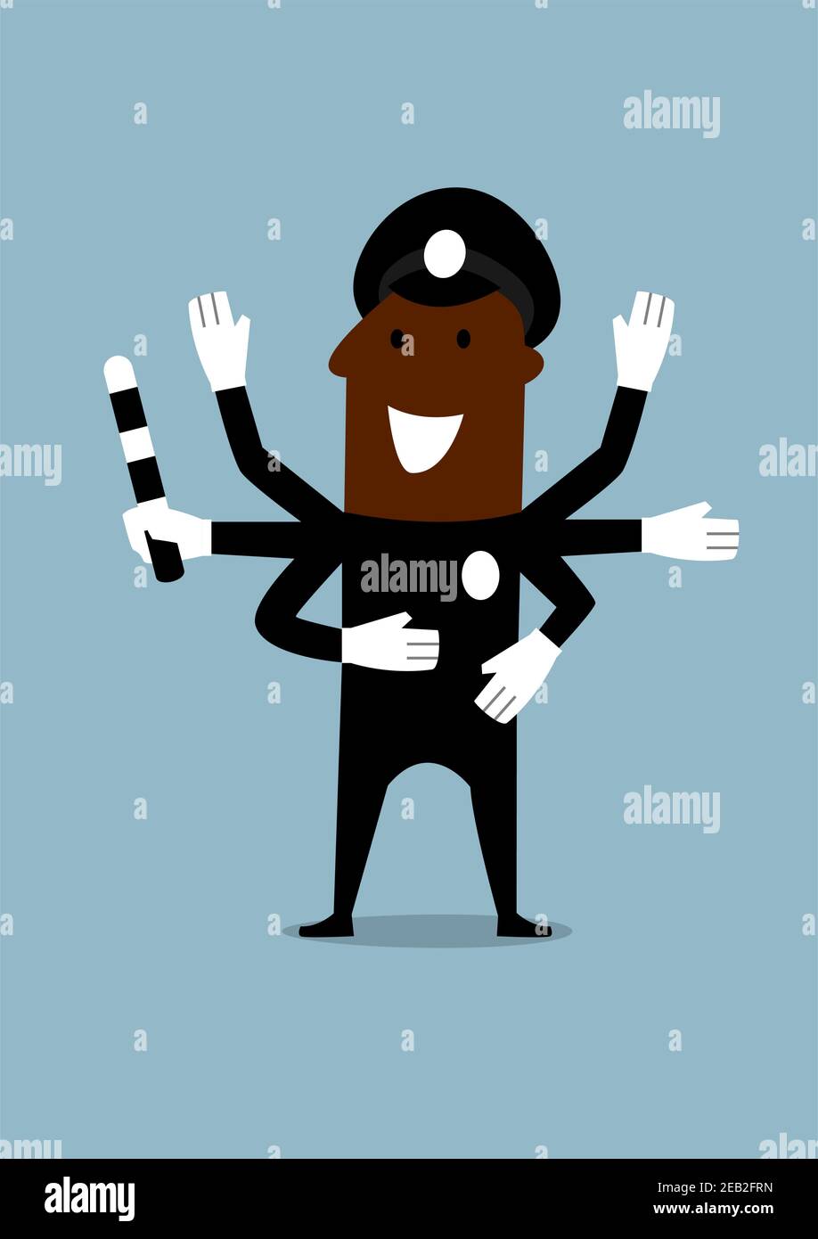 Cheerful african american policeman in black uniform with many hands ...
