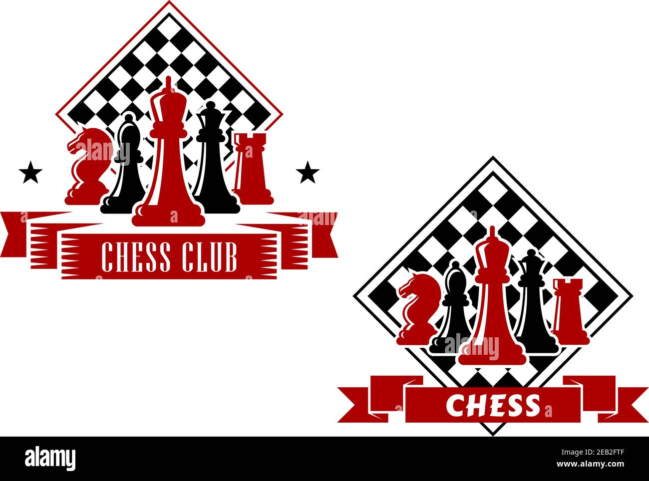 Chess emblems in black and red colors with king, queen, bishop, knight ...