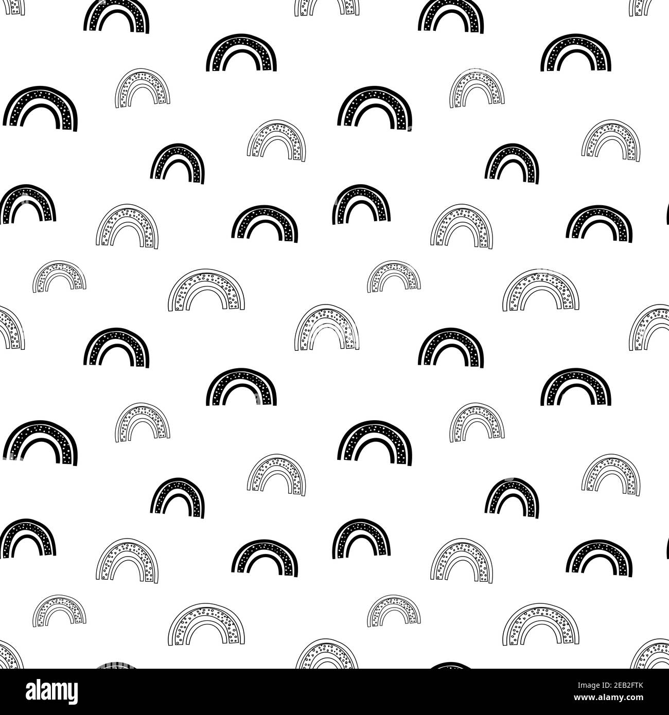 Rainbow seamless pattern, black and white hand-drawn arc doodle digital ...