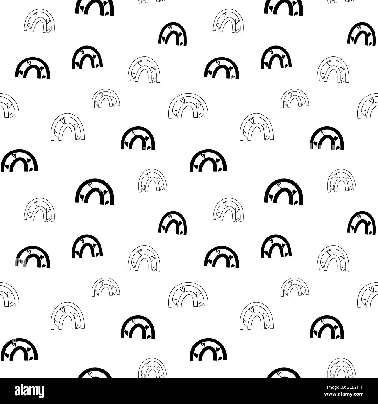 Rainbow seamless pattern, black and white hand-drawn arc doodle digital ...
