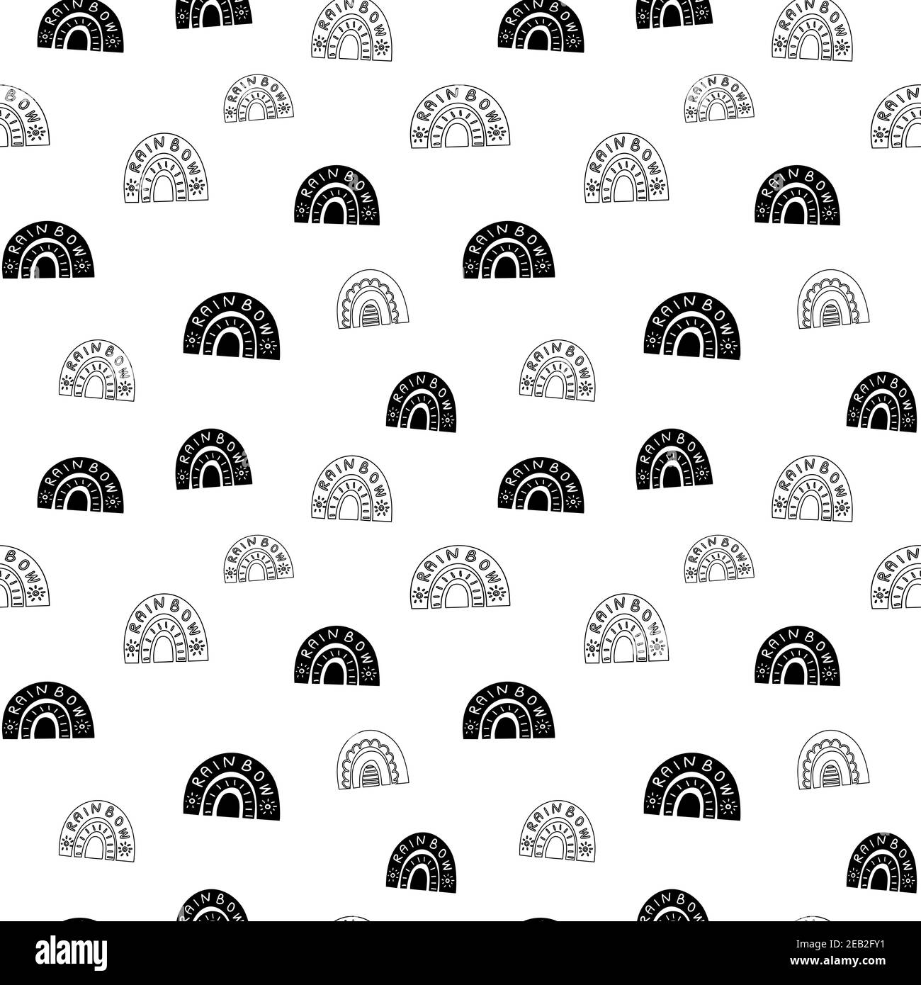 Rainbow seamless pattern, black and white hand-drawn arc doodle digital ...