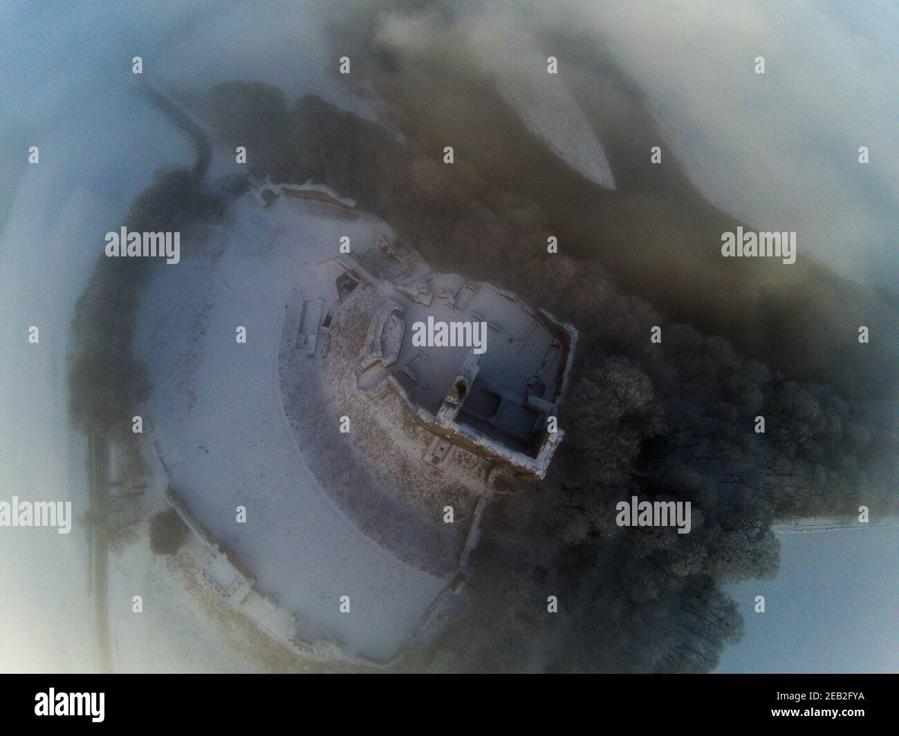 Aerial view of Norham Castle which stands guard over the River Tweed a ...