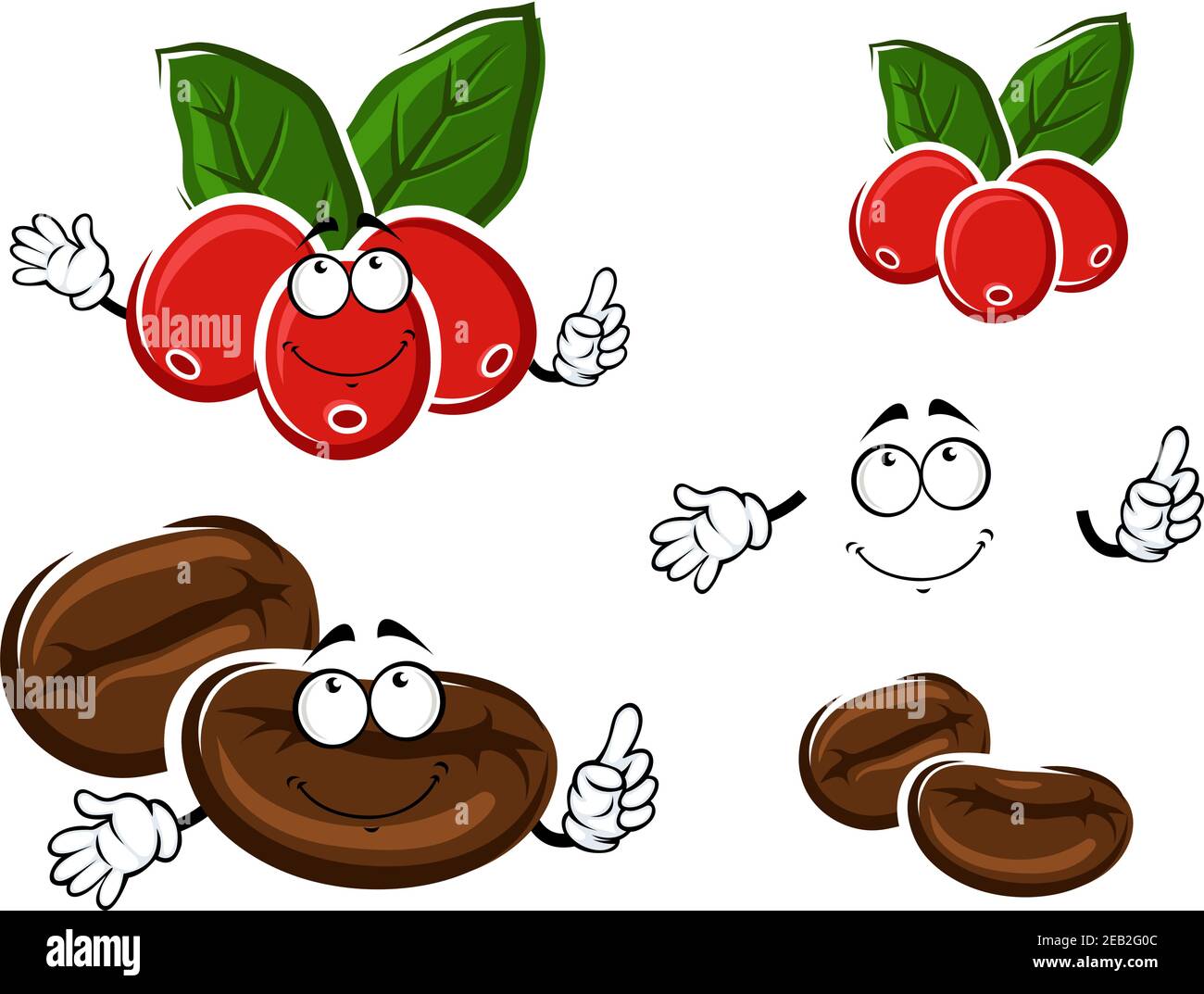 Coffee cartoon characters with ripe coffee red berries, glossy green ...