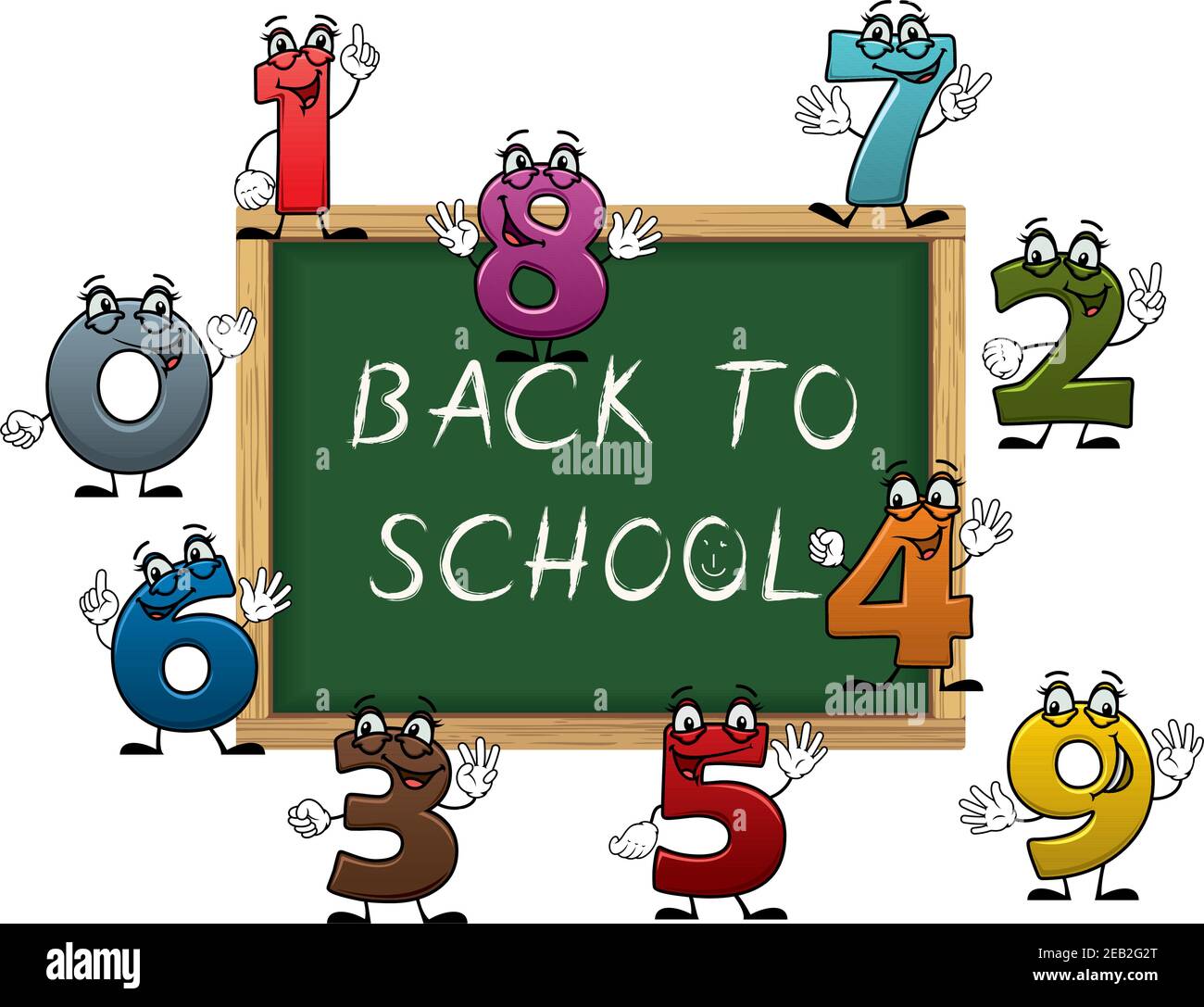Back to school chalk text on green blackboard surrounded by cartoon ...