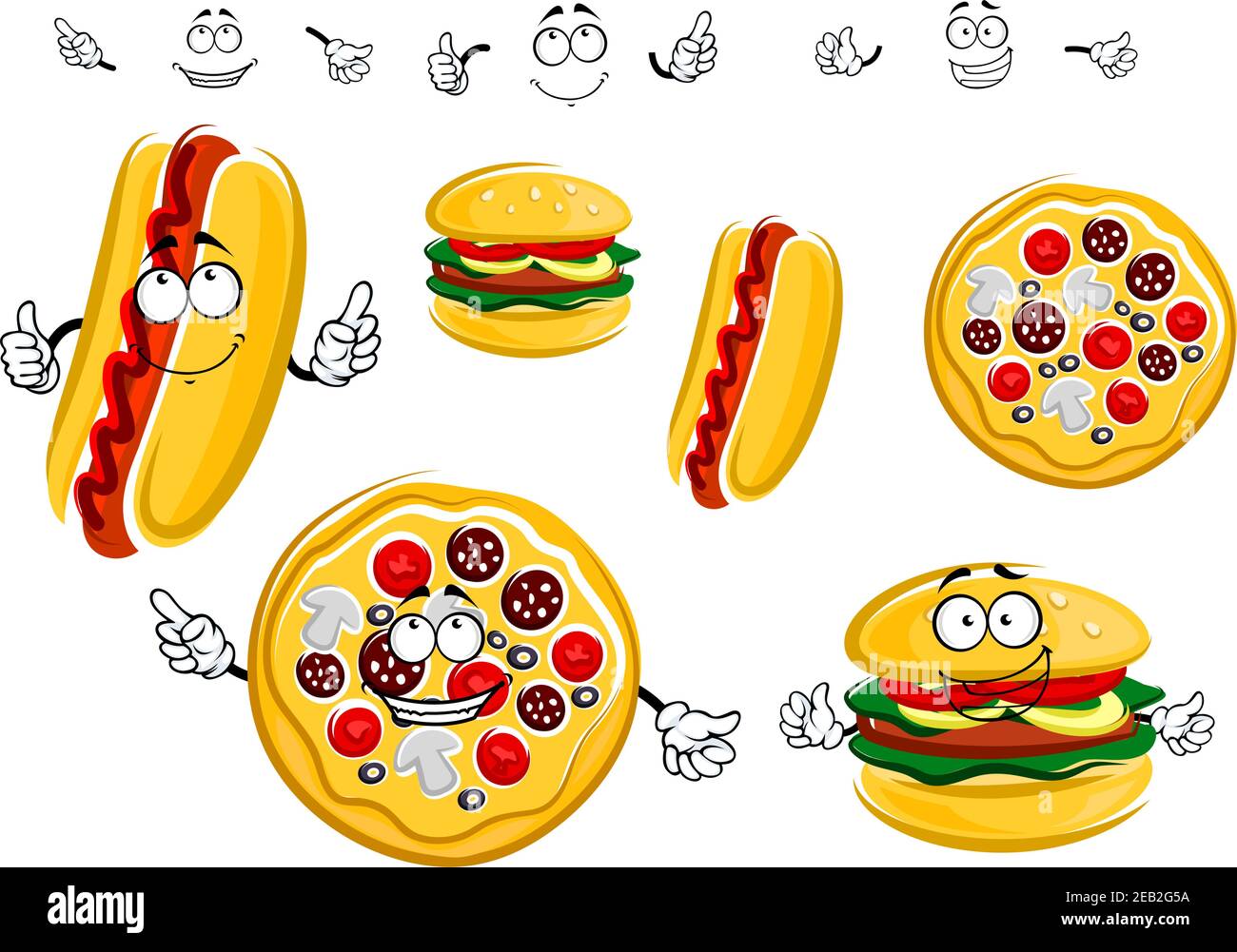 Fast food cartoon characters pepperoni pizza, hot dog with ketchup and ...