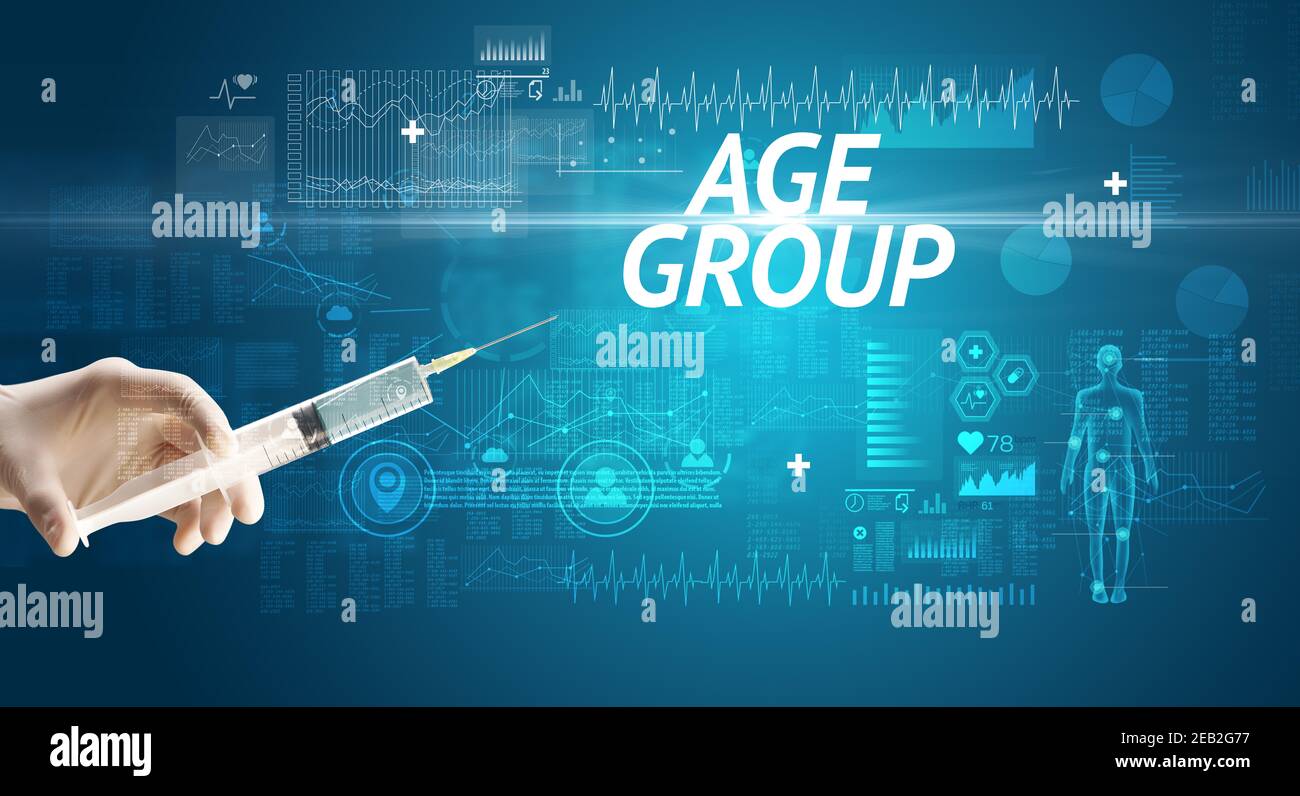 Syringe needle with virus vaccine and AGE GROUP inscription, antidote concept Stock Photo - Alamy