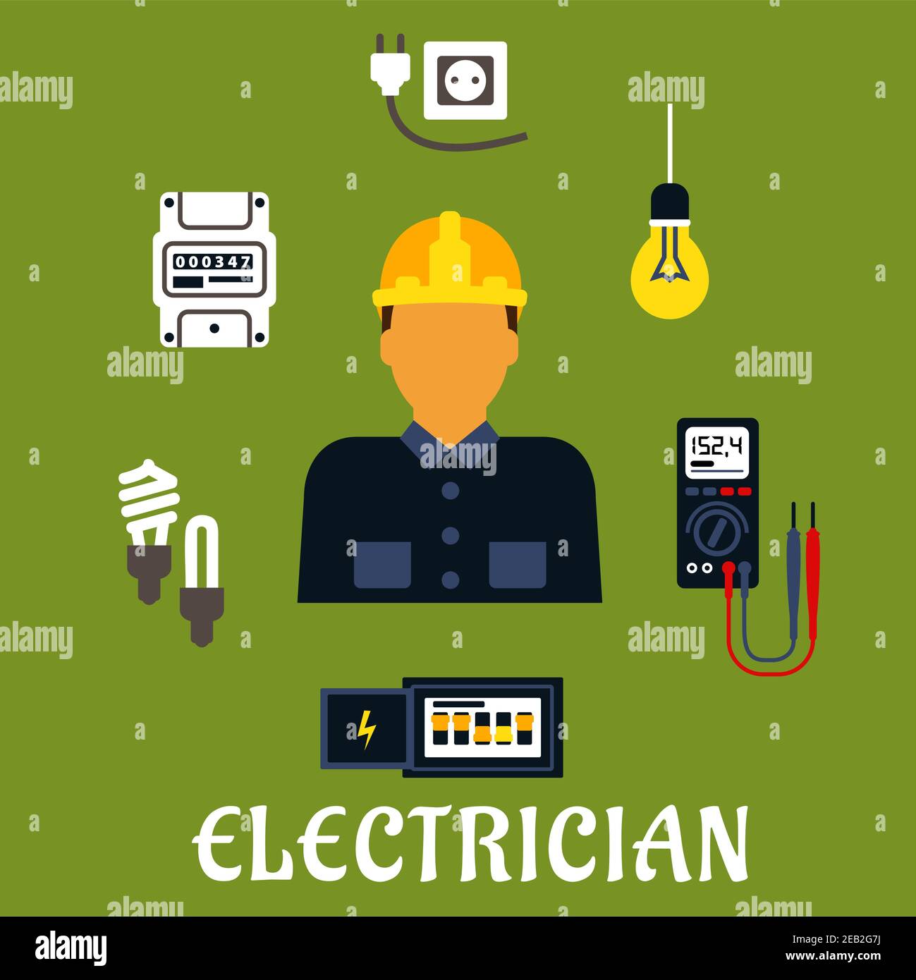 Electrician profession flat design with man in yellow hard helmet and ...
