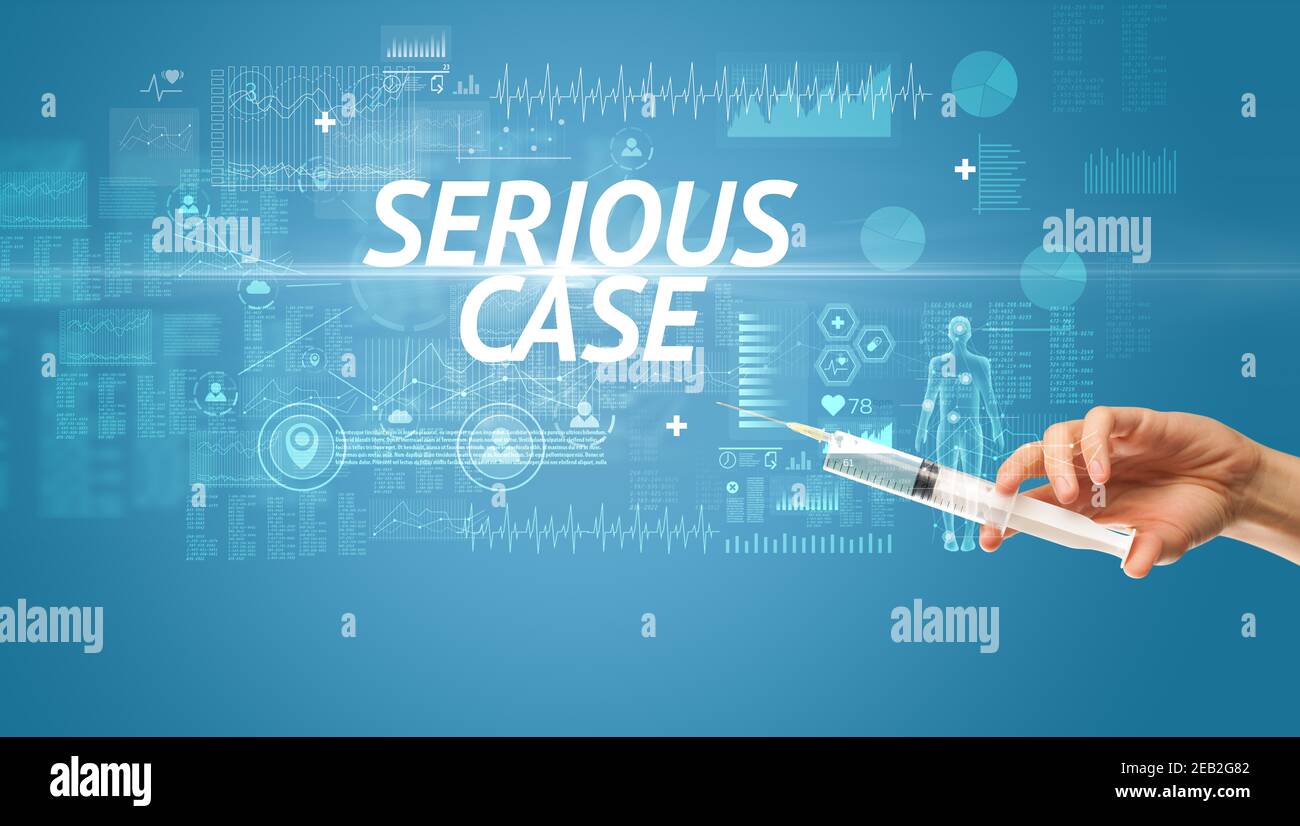 Syringe needle with virus vaccine and SERIOUS CASE inscription, antidote concept Stock Photo - Alamy