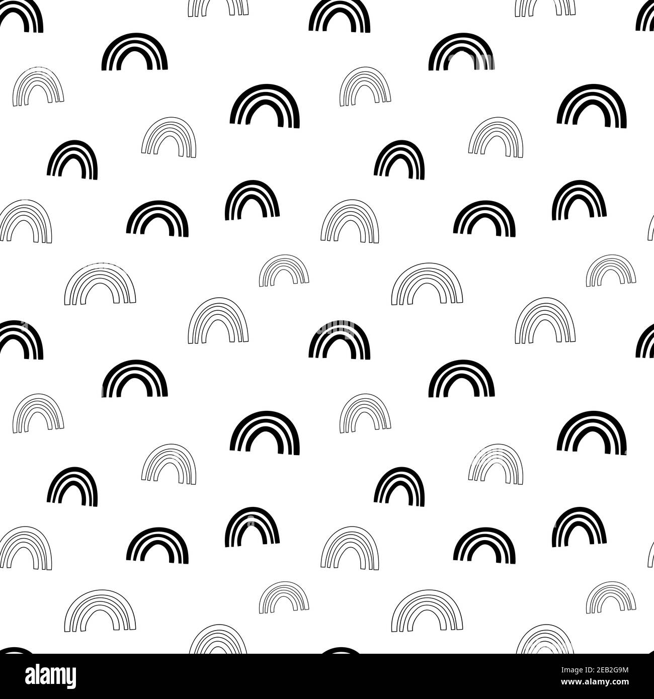 Rainbow seamless pattern, black and white hand-drawn arc doodle digital ...