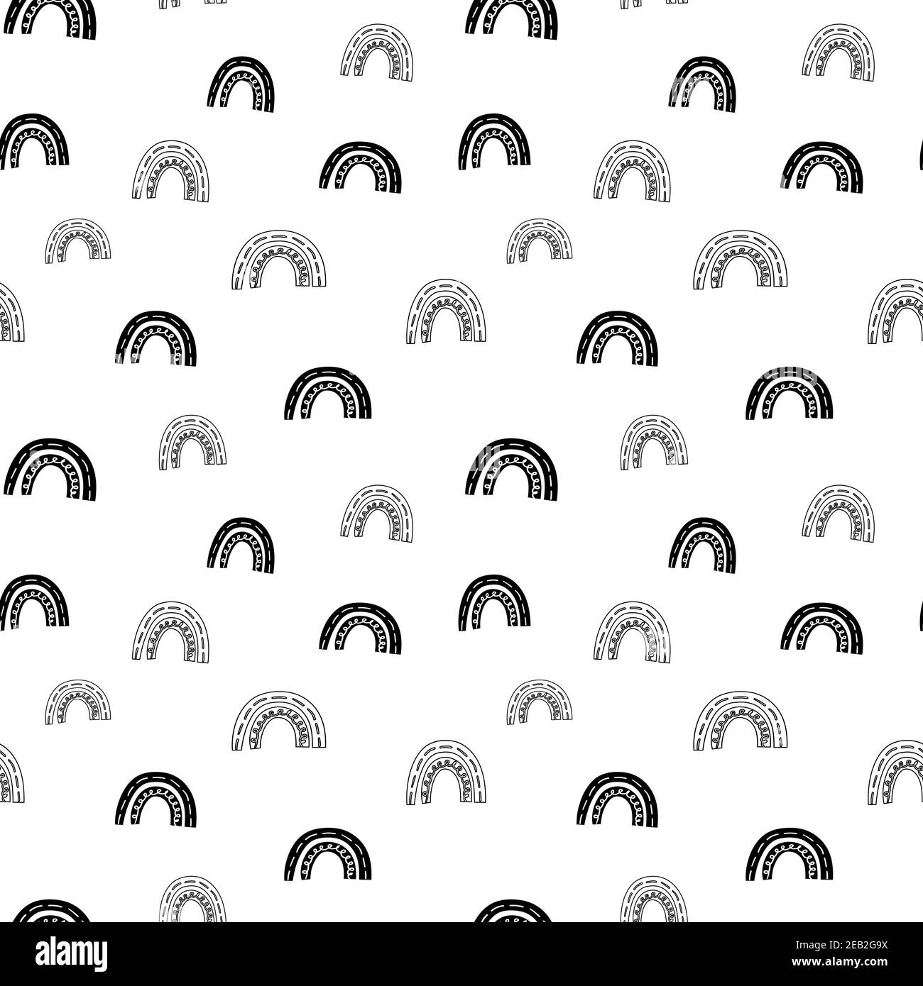 Rainbow seamless pattern, black and white hand-drawn arc doodle digital ...