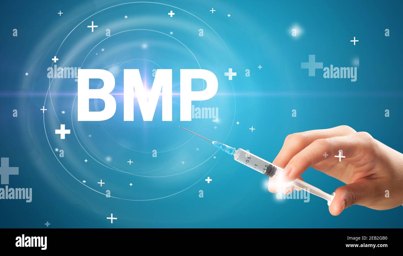 Syringe needle with virus vaccine and BMP abbreviation, antidote ...