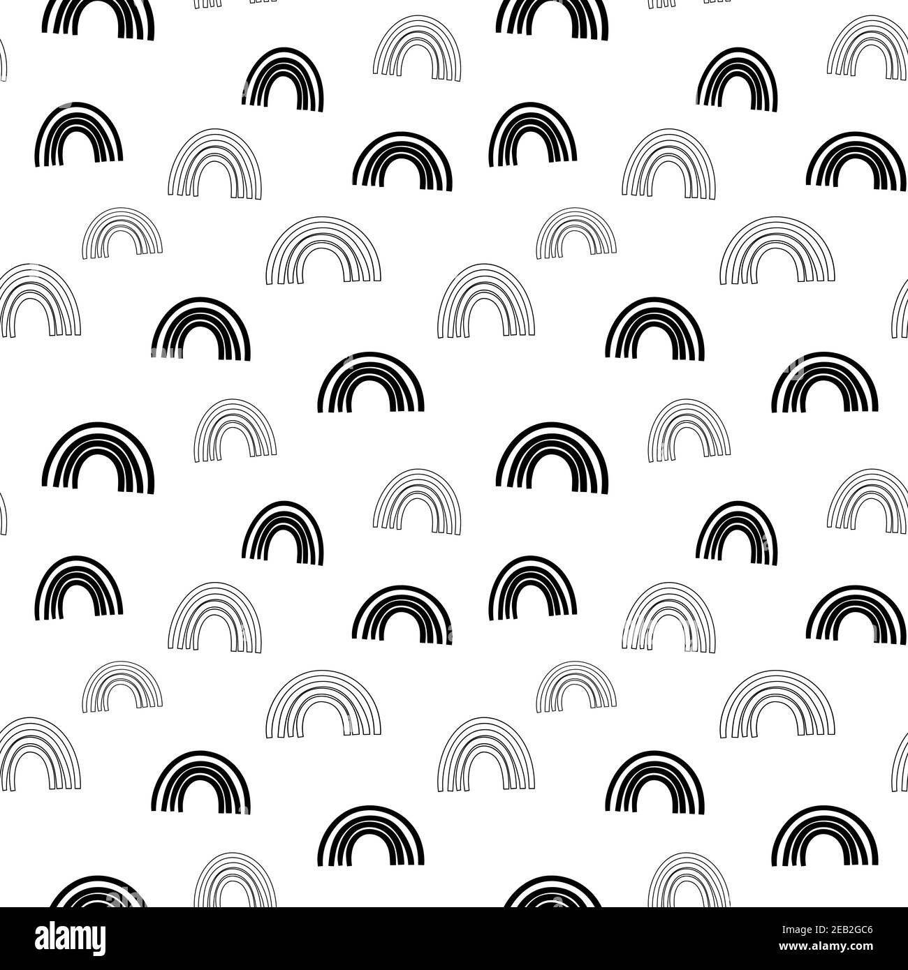 Rainbow seamless pattern, black and white hand-drawn arc doodle digital ...