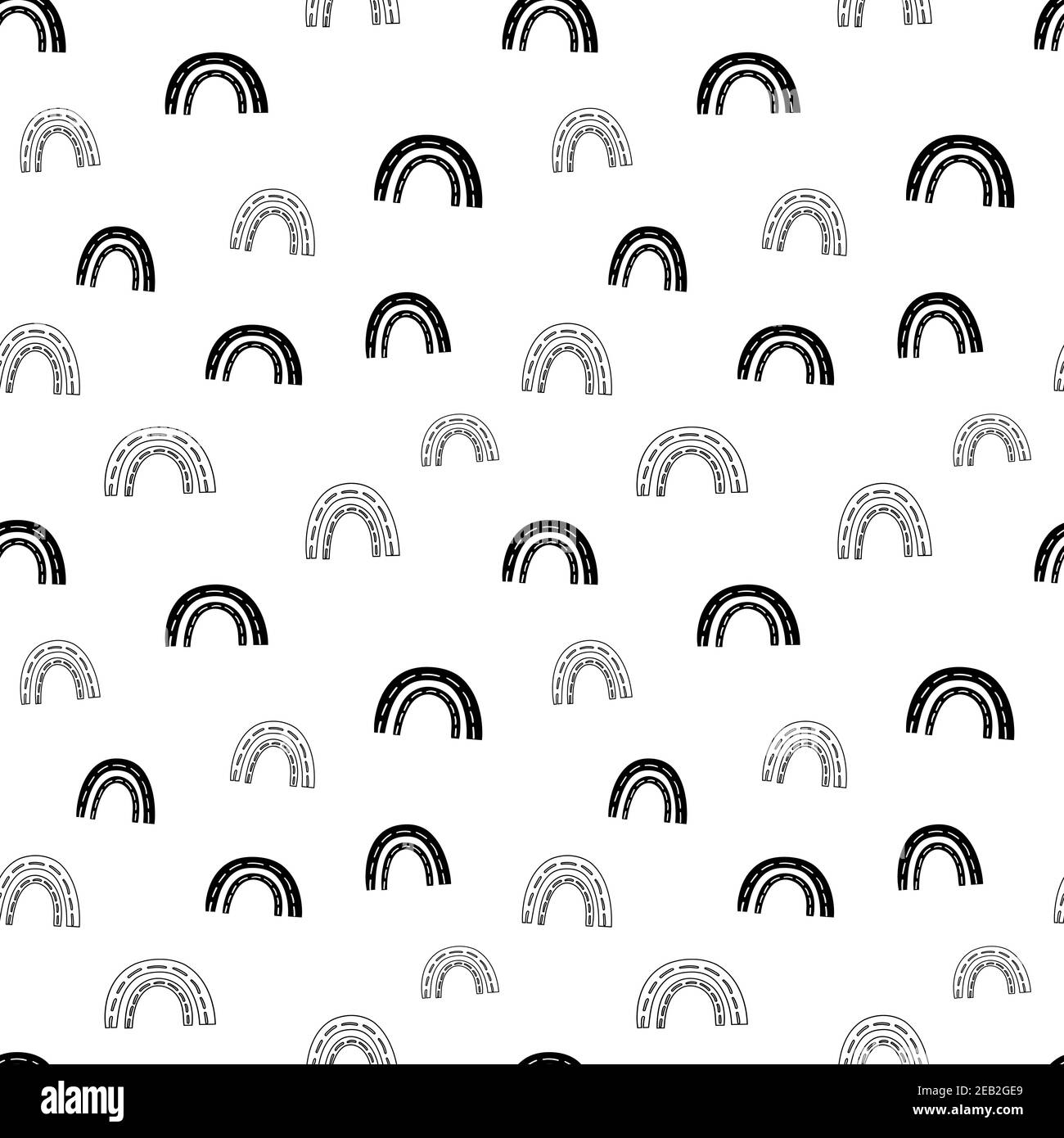 Rainbow seamless pattern, black and white hand-drawn arc doodle digital ...