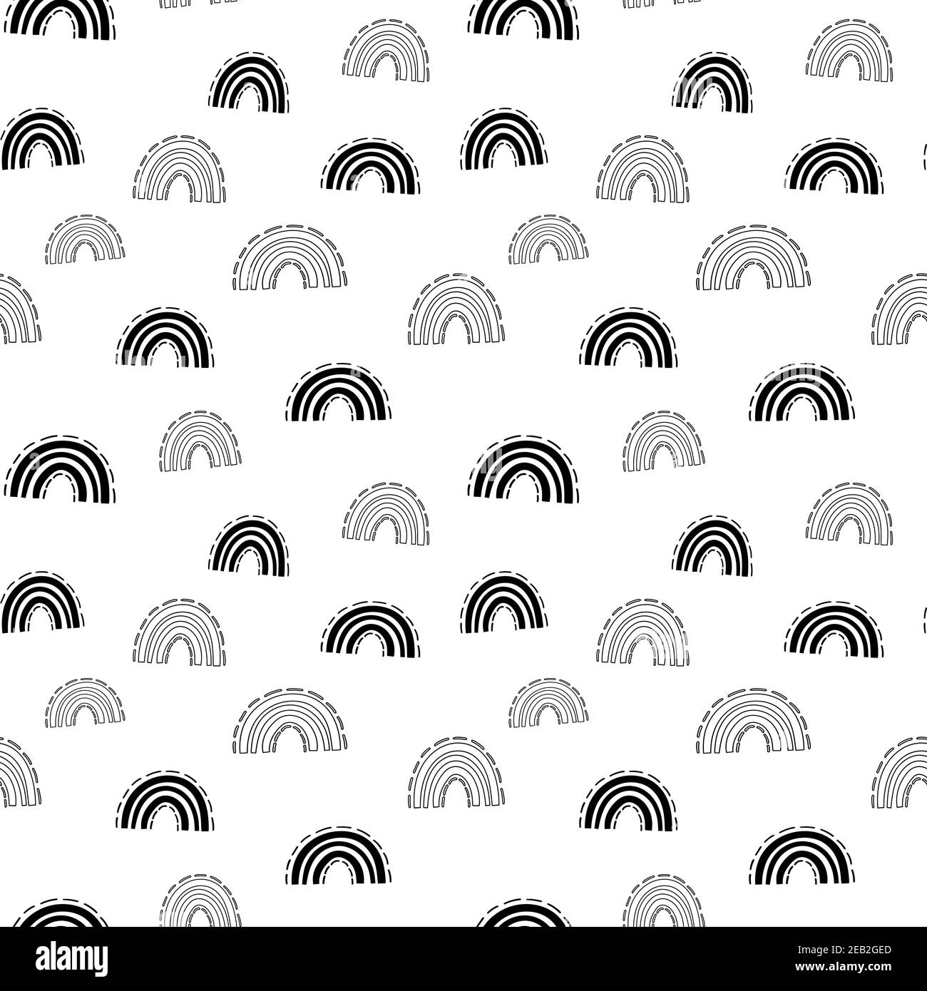 Rainbow seamless pattern, black and white hand-drawn arc doodle digital ...