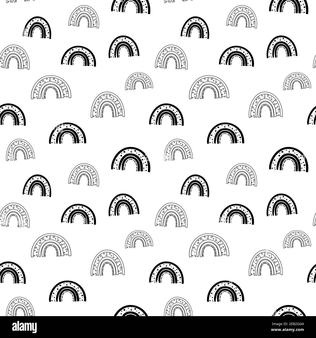 Rainbow seamless pattern, black and white hand-drawn arc doodle digital ...