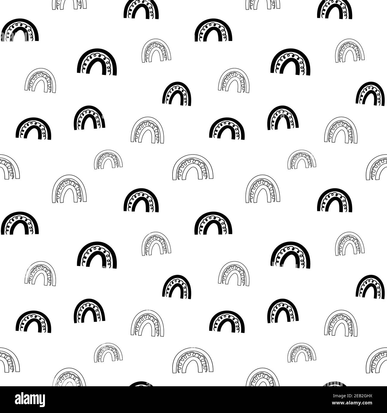 Rainbow seamless pattern, black and white hand-drawn arc doodle digital ...