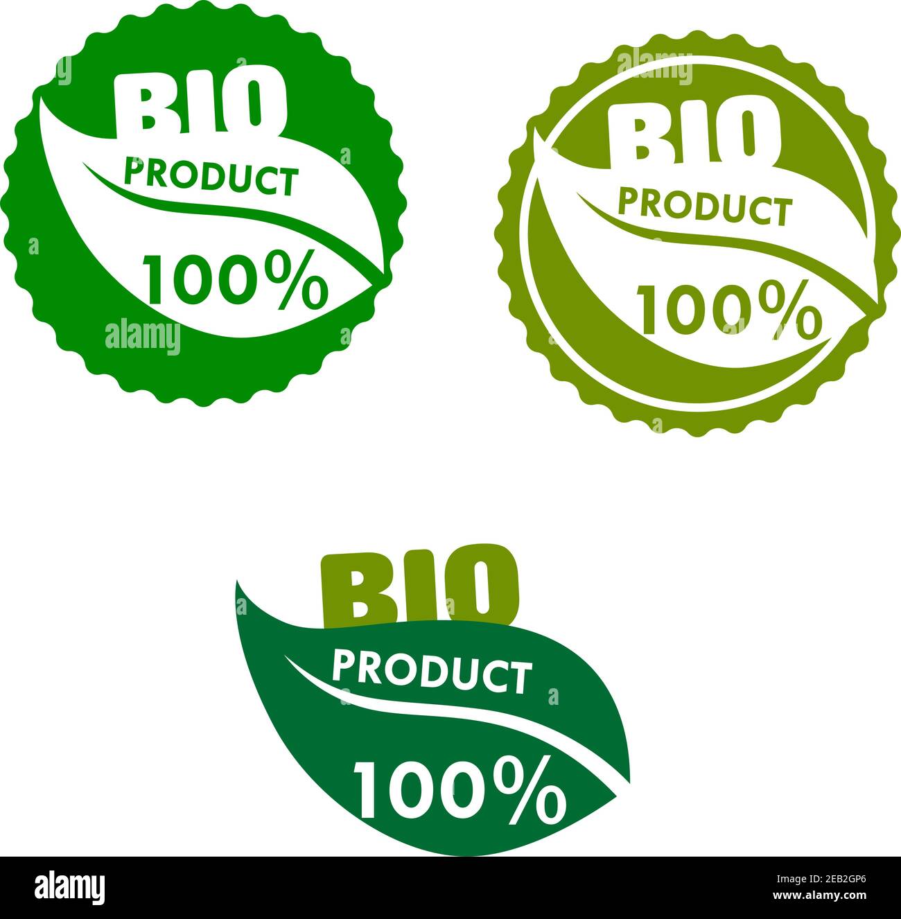 Bio product labels with green leaves in round seals, with wavy edges ...