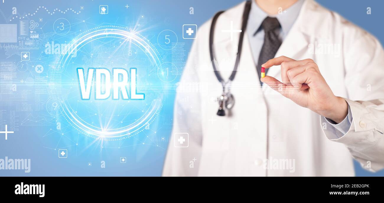 Close-up of a doctor giving you a pill with VDRL abbreviation, virology ...