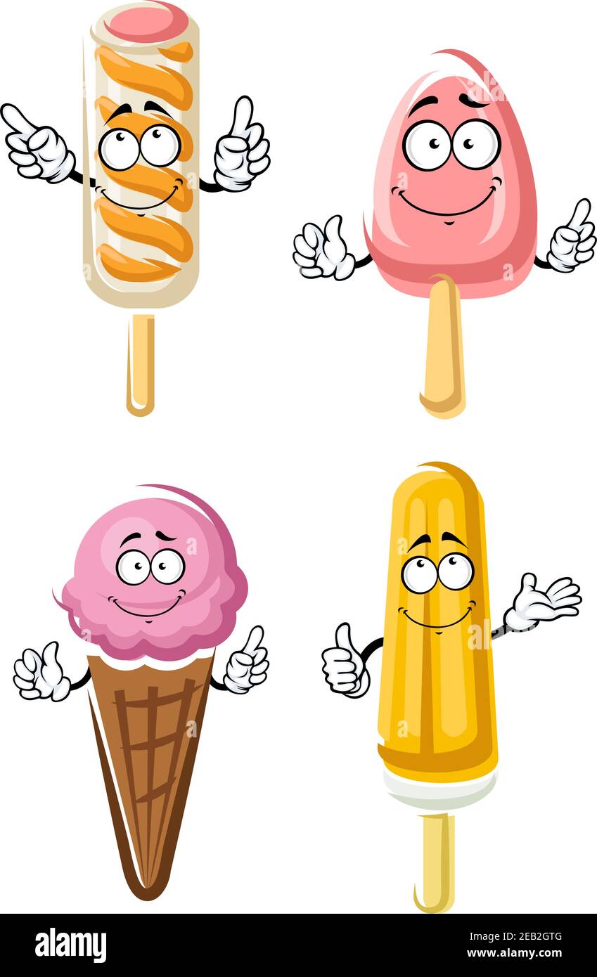 Funny fruity ice cream on sticks, berry ice cream scoop in waffle cone ...