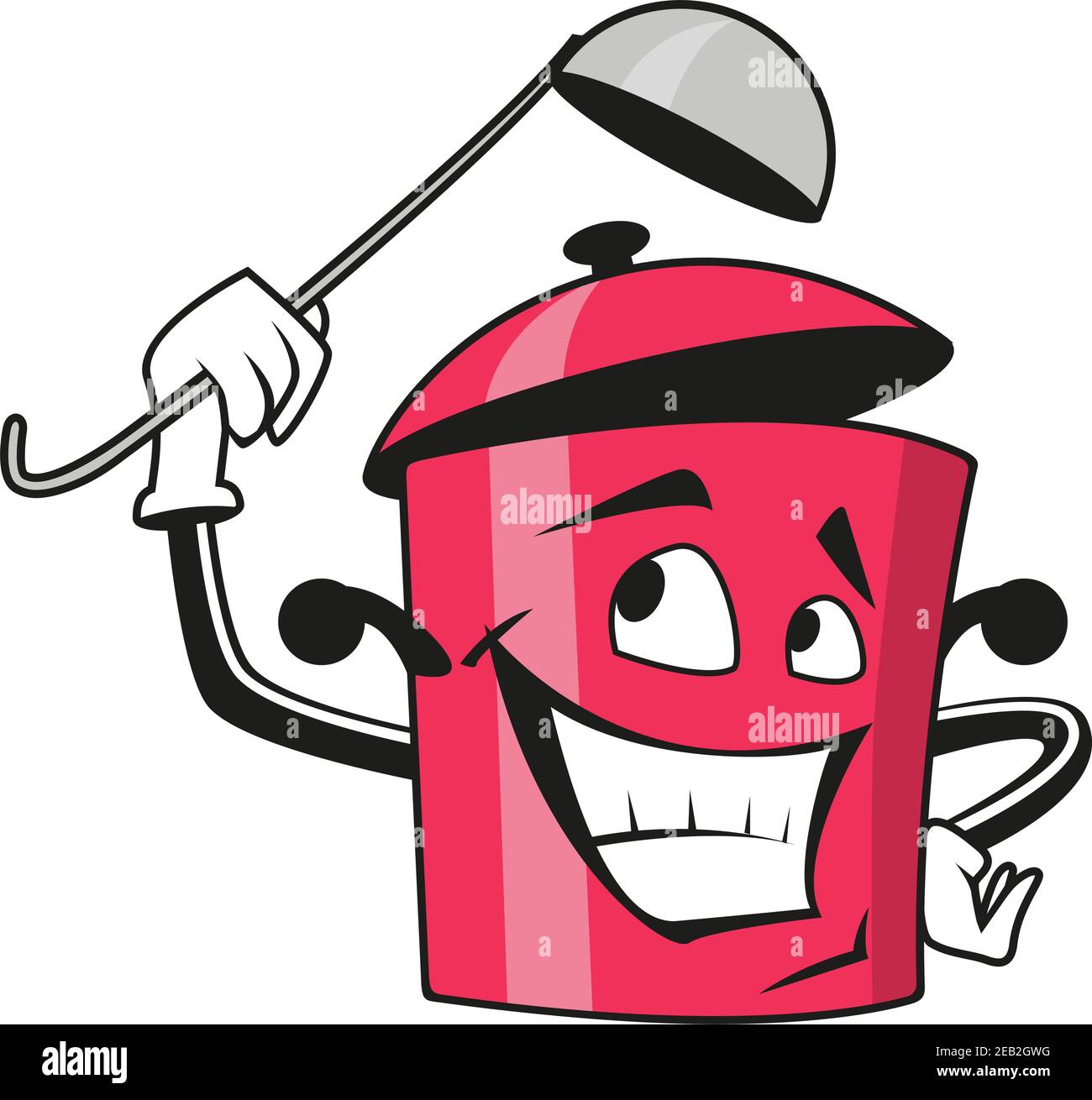 Funny saucepan cartoon character with open lid and ladle in the hand ...