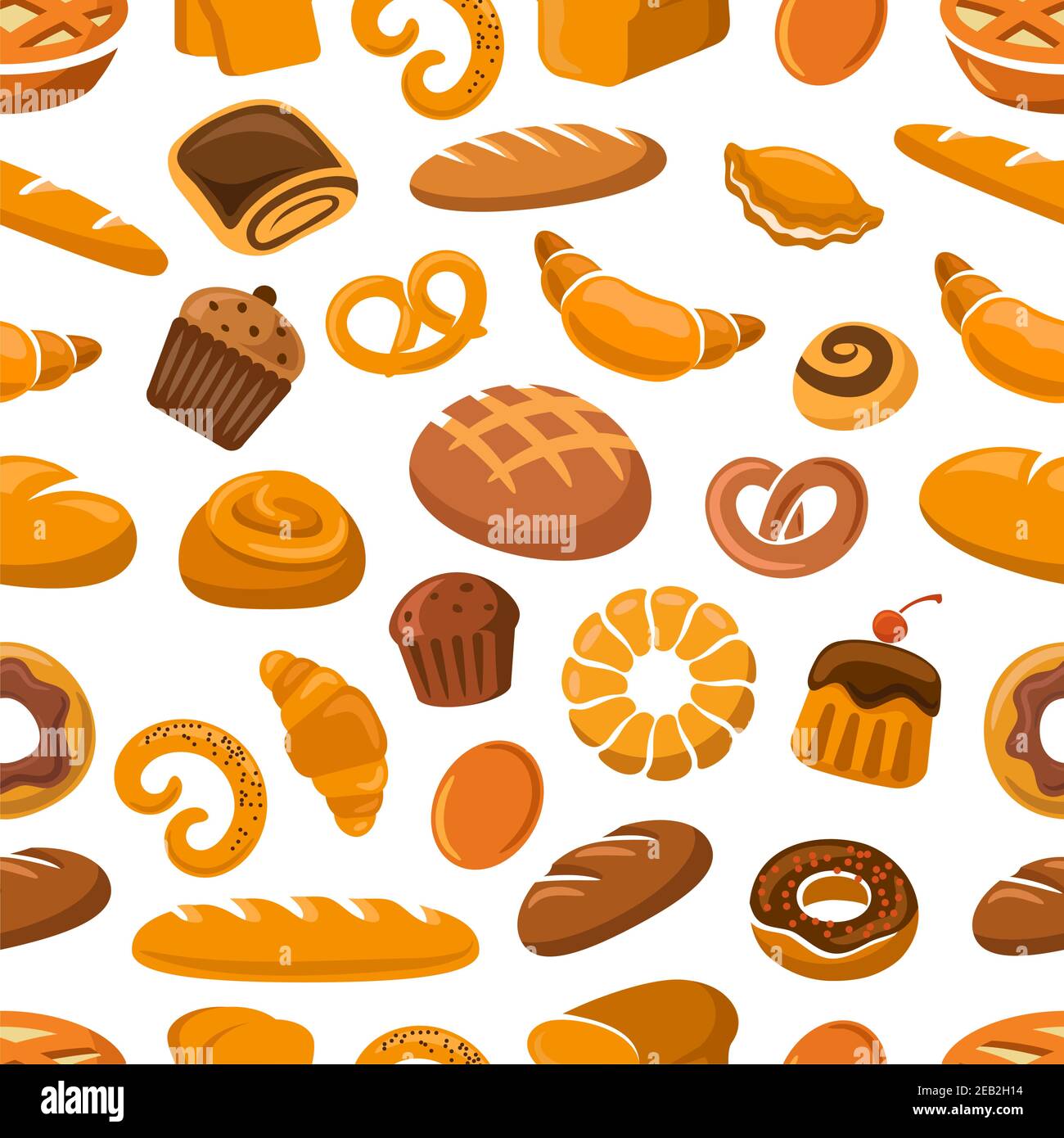 Bakery and pastry seamless pattern with bread, loaf, cake, bun, pretzel ...