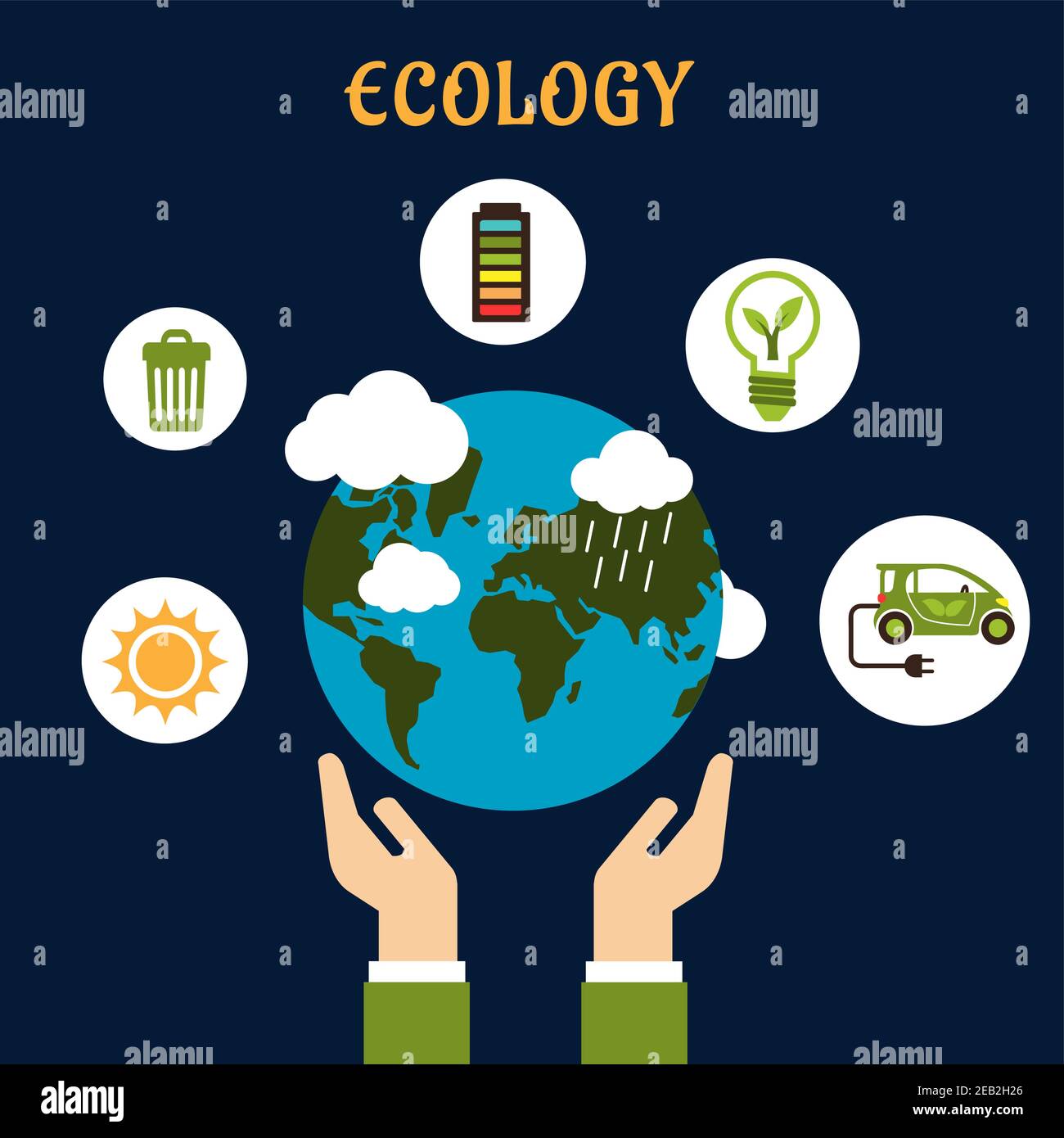 Ecology concept in flat style with hands holding Earth planet and round ...