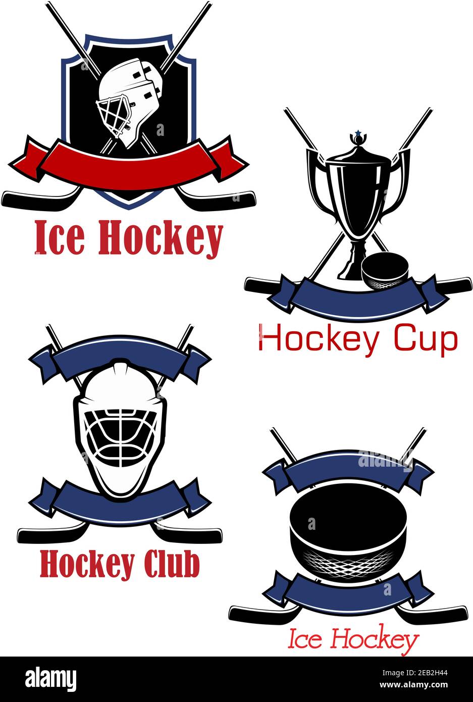 Ice hockey game icons and symbols with crossed sticks, pucks, goalie ...