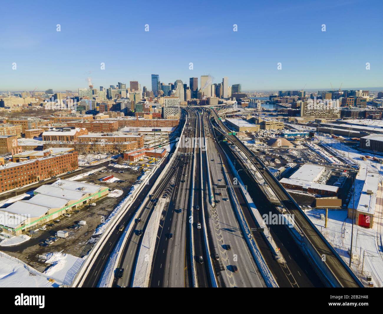 Boston downtown modern city skyline and Interstate Highway 93 in winter ...