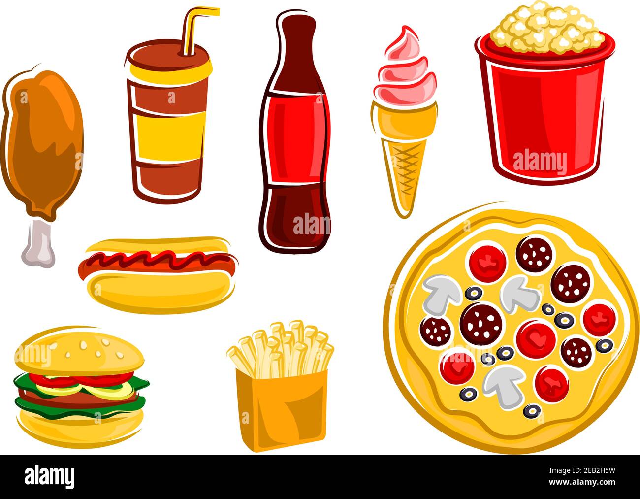 Fast food french fries, hamburger, hot dog, fried chicken leg, pizza ...