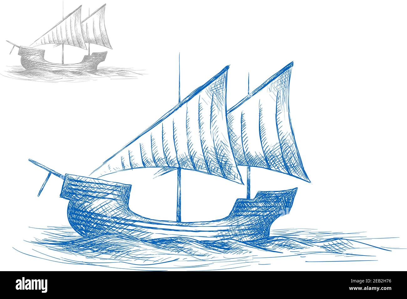 Old medieval sailing ship in ocean waves for nautical design. Sketch ...