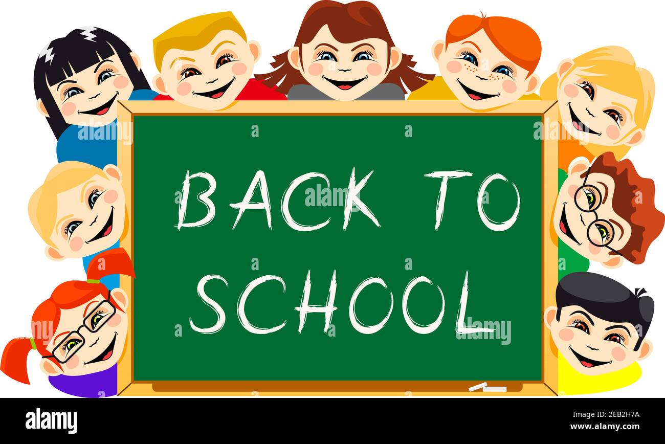 Happy smiling children near blackboard with chalk text Back to school ...