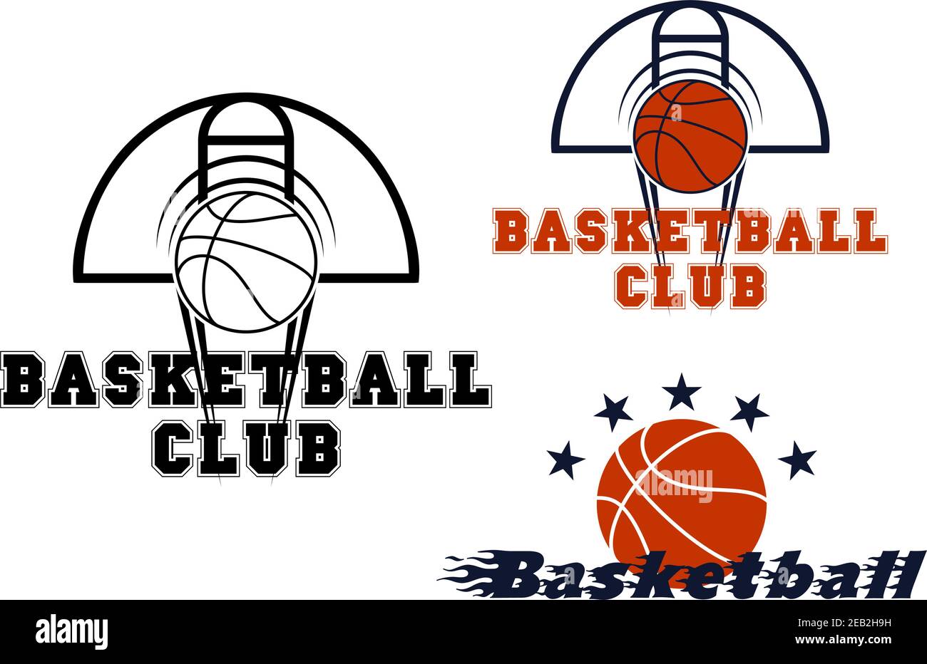 Basketball sport emblems with stars and flying ball with motion trails ...