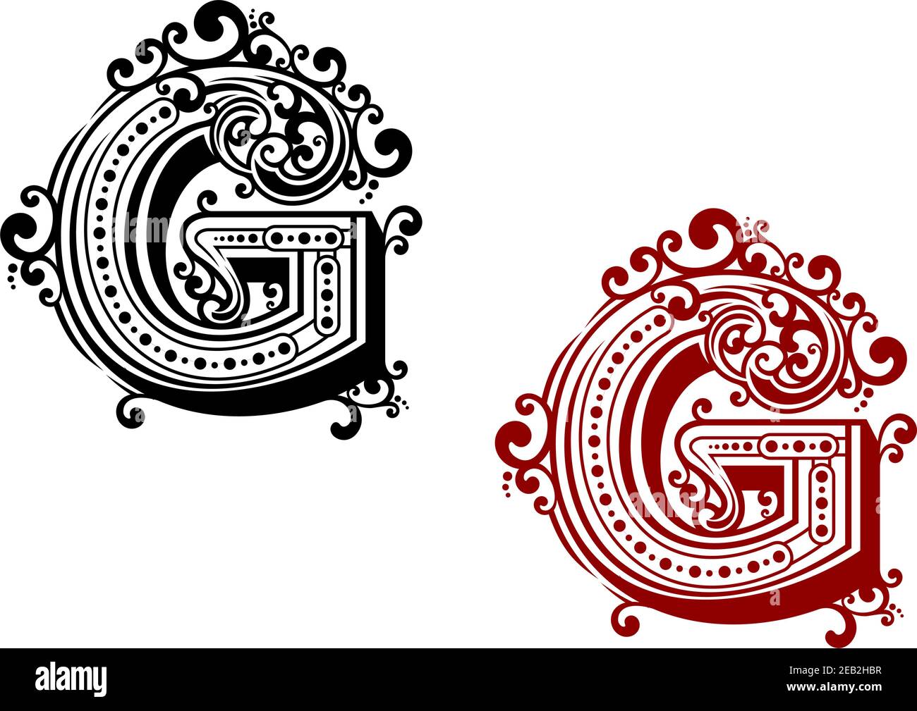 Letter G in uppercase font adorned by ornamental flourishes and ...