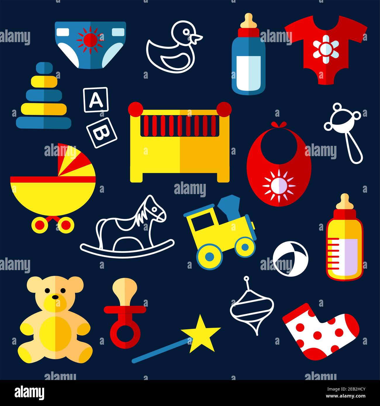 Baby toys and objects flat icons with crib, stroller, bottles, bib ...