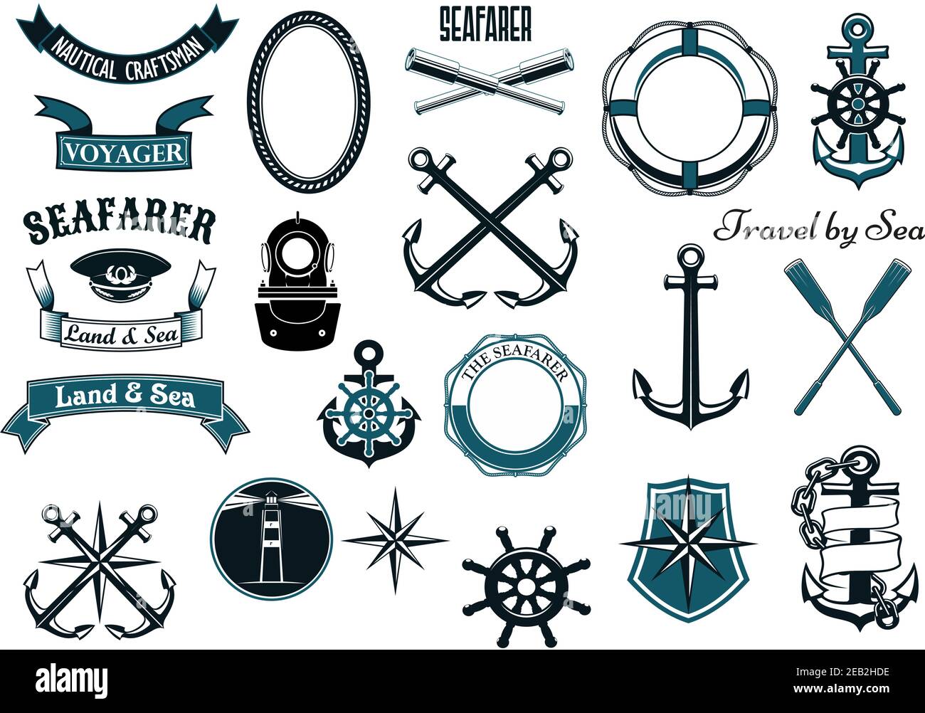 Nautical and marine design elements for heraldry with anchors, helm, compass, lighthouse ...