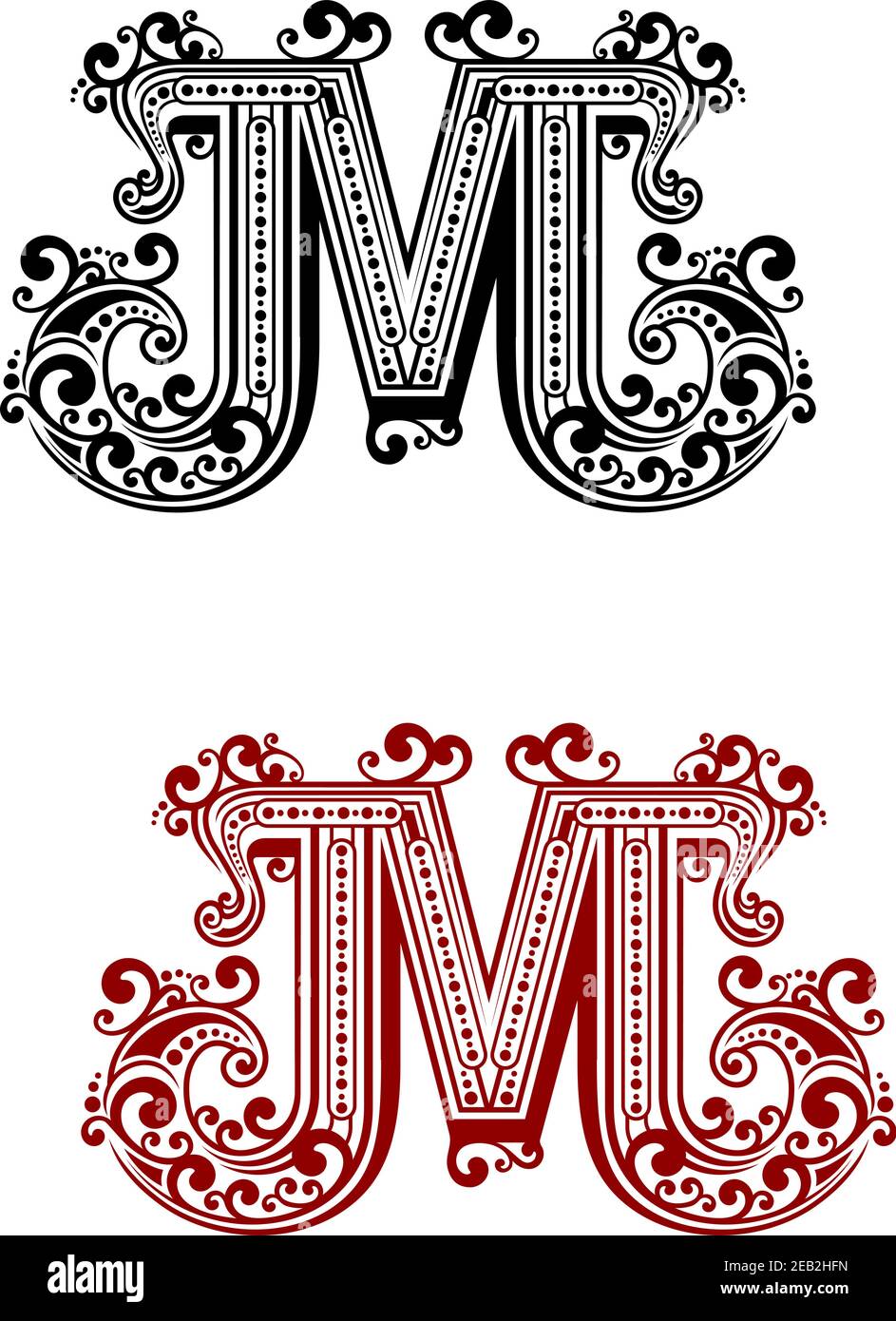Uppercase letter M decorated with calligraphic swirl ornaments, flowing ...