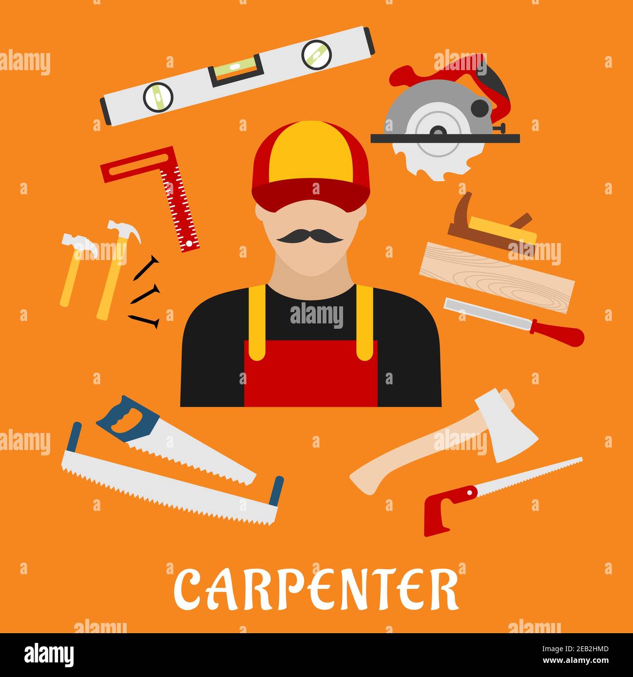 Carpenter and his toolbox tools with hammer, file, axe, nails, handsaw ...