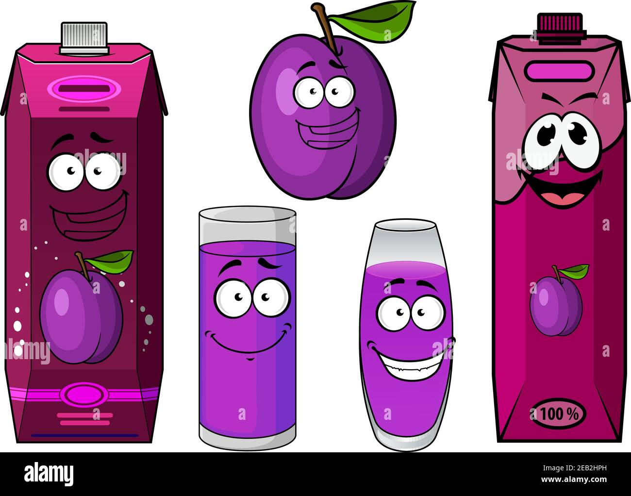 Fresh plum juice cartoon characters with happy plum fruit, glasses with ...
