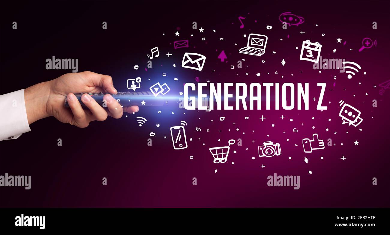 hand holding wireless peripheral with GENERATION Z inscription, social ...